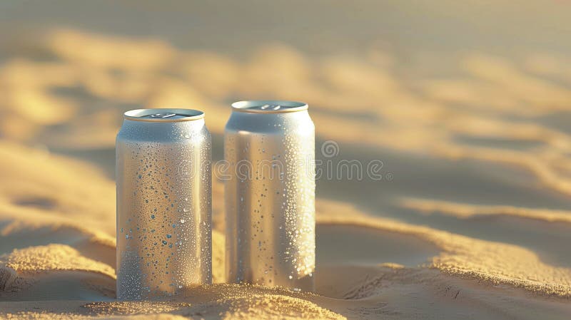 Two Silver Condensation Cans Mockup on Sandy Dunes Under Warm Sunlight ...