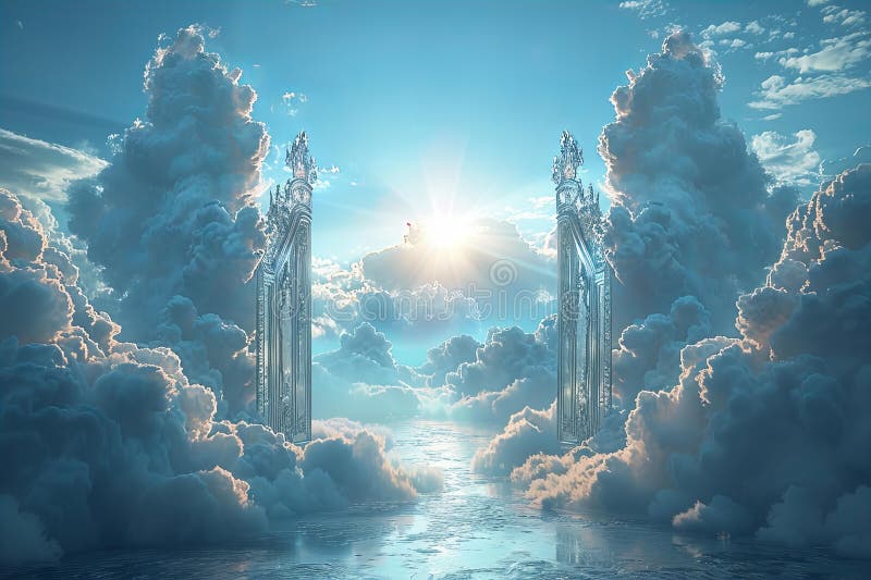 Two Silver Gates of Heaven with Blue Sky and Clouds, with the Sun ...