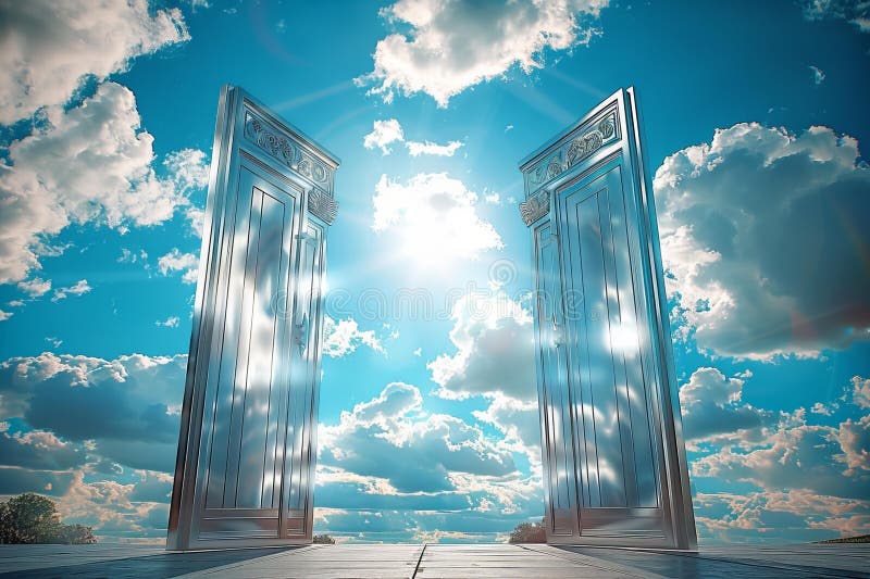 Two Silver Gates of Heaven with Blue Sky and Clouds, with the Sun ...