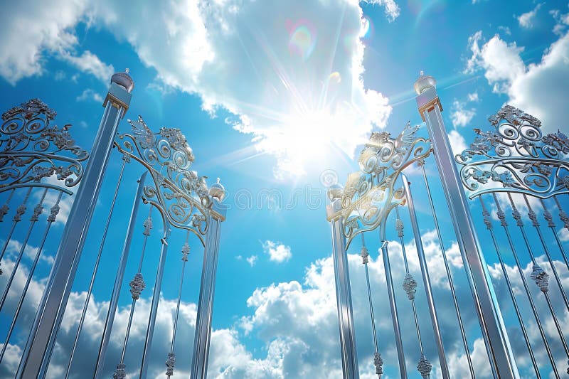 Two Silver Gates of Heaven with Blue Sky and Clouds, with the Sun ...