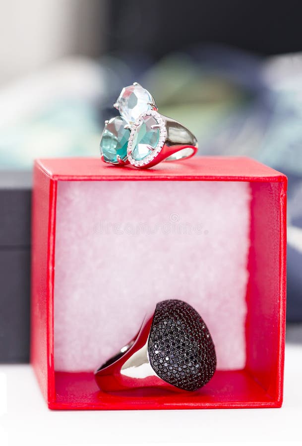 Two Silver Rings and Jewelry Box Stock Photo - Image of romance, blue ...