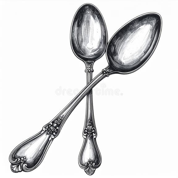 Two Silver Spoons Crossed Drawing in Black and White Stock Illustration ...