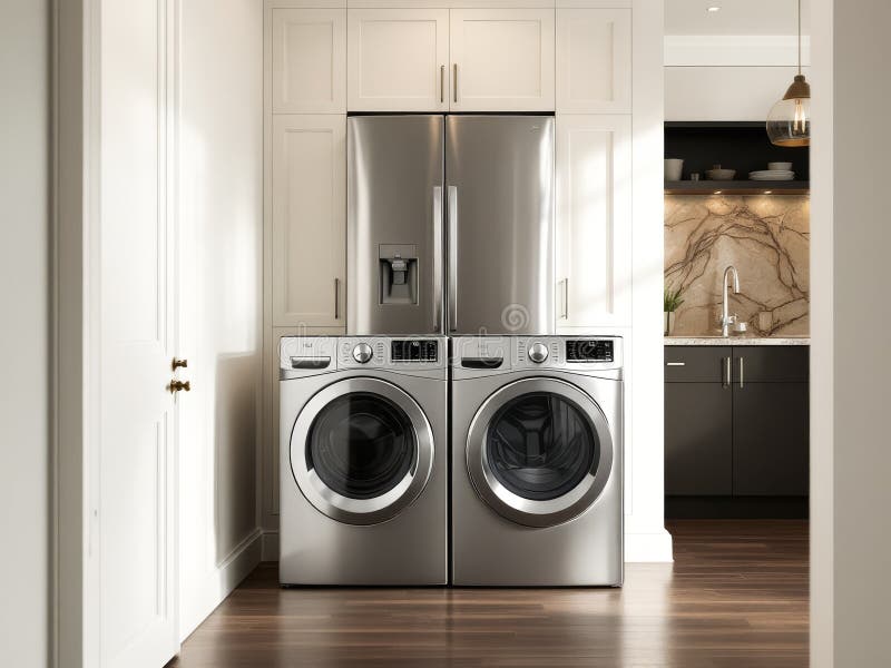 Two Silver Washers and Dryers are in a Room Stock Photo - Image of ...