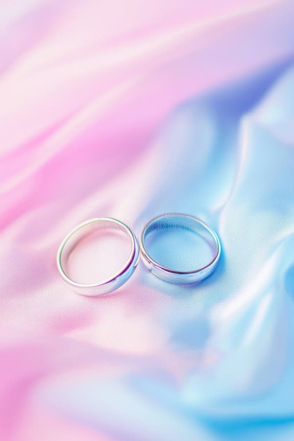 Two Silver Wedding Rings are Placed on a Pastel-colored Silk Fabric ...