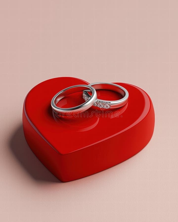 Two Silver Wedding Rings on Red Heart Shaped Box, Symbolizing Love and ...