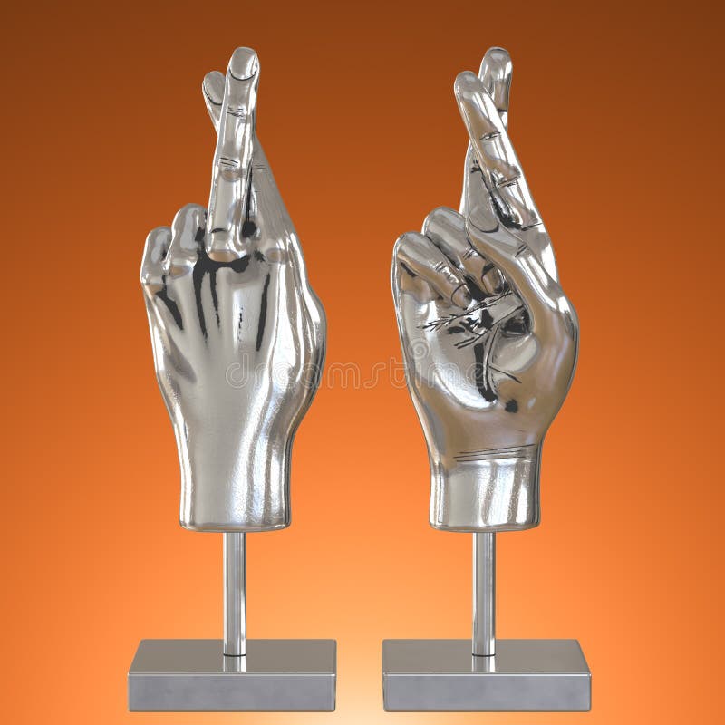 Two Silvery Hands with Crossed Fingers on Stands on an Orange ...