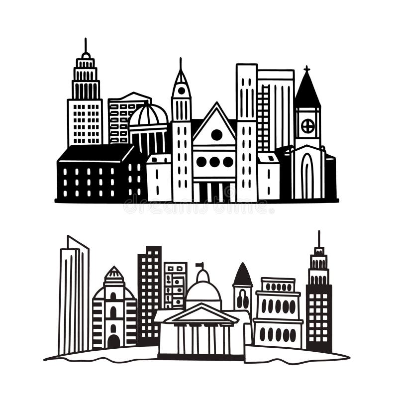 Two Simple Black and White City Skyline Illustrations Stock Vector ...