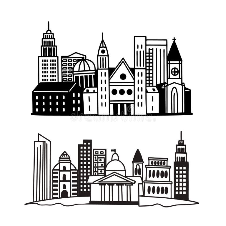 Two Simple Black and White City Skyline Illustrations Stock Vector - Illustration of cityscapes ...