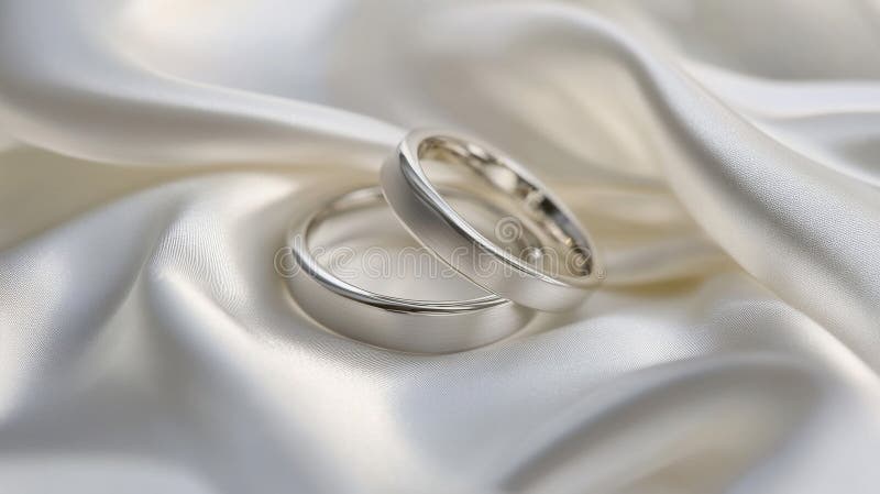 Two Simple Silver Wedding Bands Resting on White Satin Fabric Stock ...