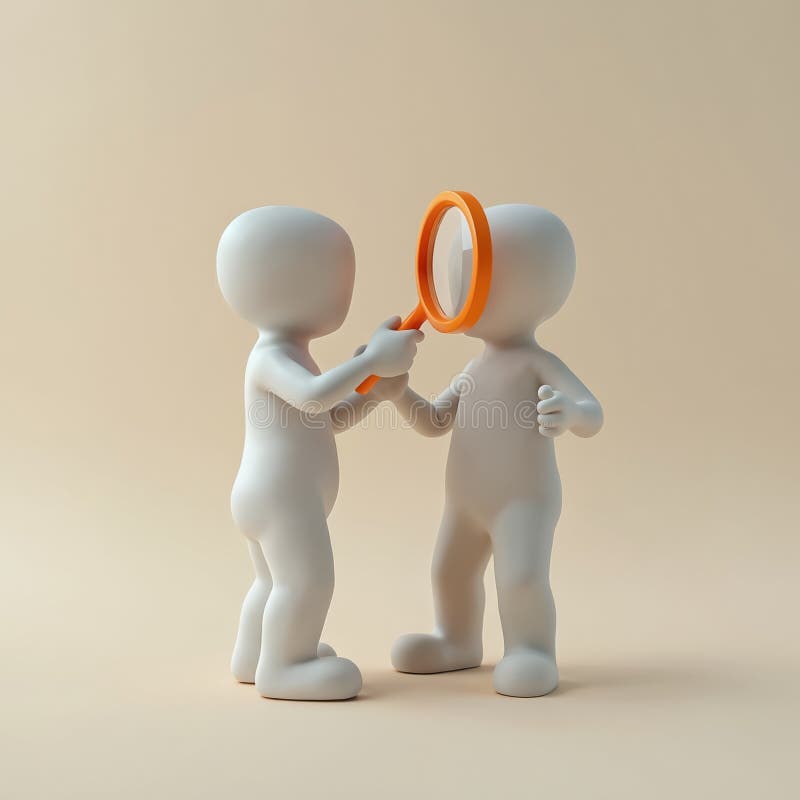 Two Simplified Figures Interact As One Examines Eye with Magnifying ...