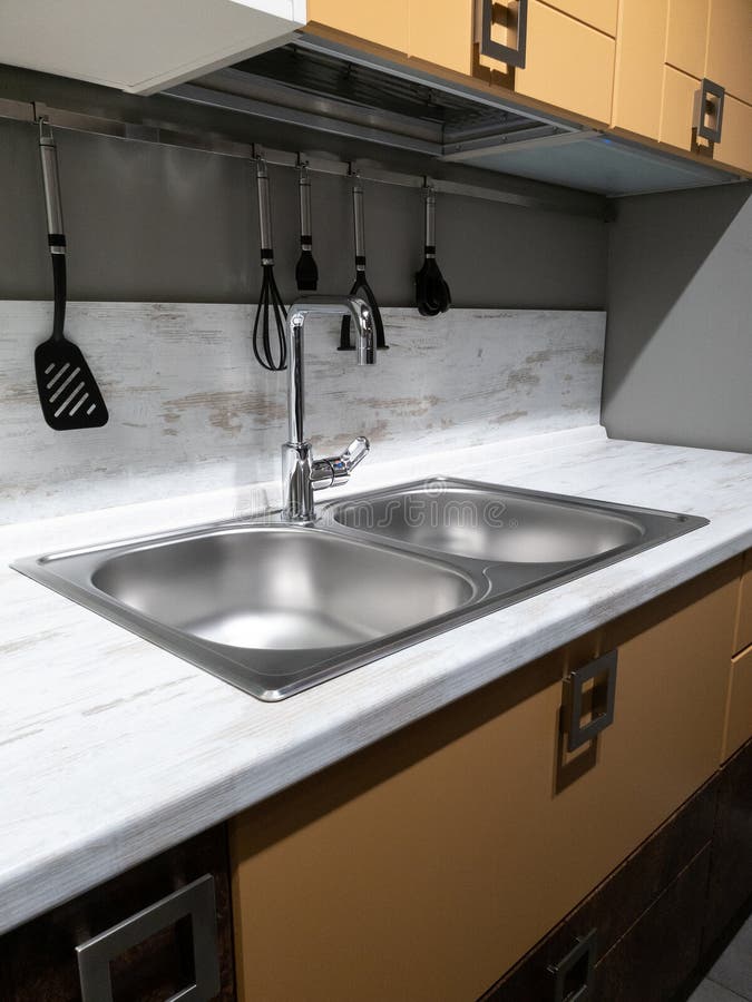 Two Sinks and a Faucet in the Kitchen Stock Image - Image of equipment ...