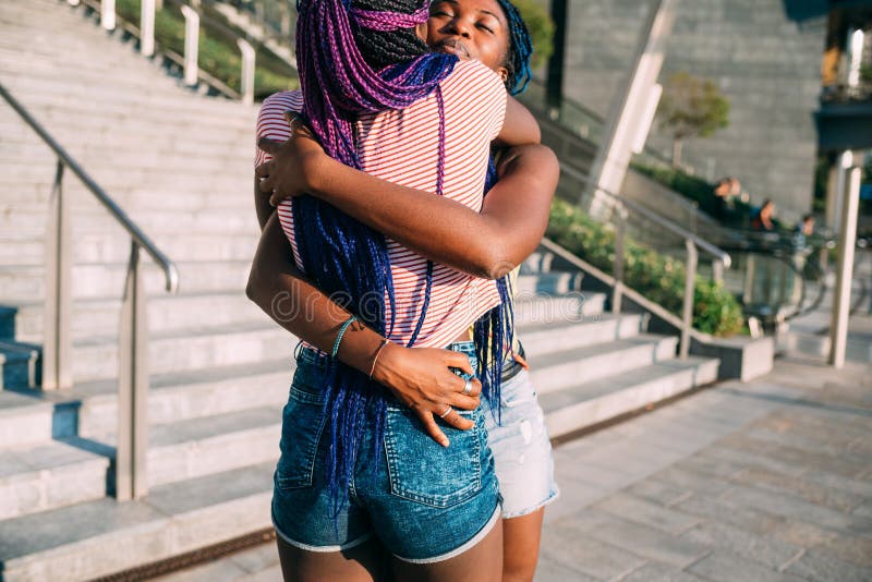 Two Sisters Outdoor Hugging Smiling Stock Photo - Image of relatives ...