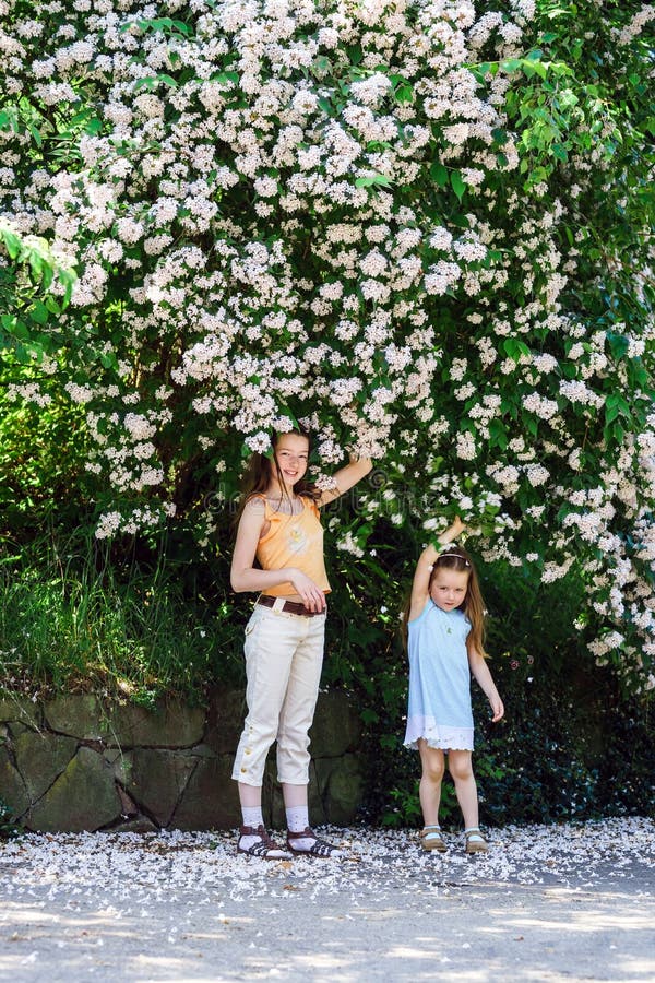 Two Sisters Playing with the Blossom Tree Stock Photo - Image of calm ...