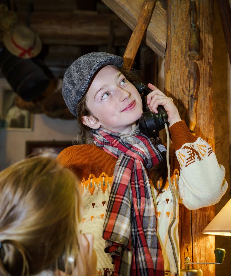 Two Sisters Playing with Old Vintage Telephon Stock Photo - Image of ...