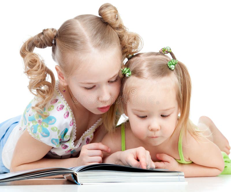 Two Sisters Reading a Book Together Stock Image - Image of finger ...