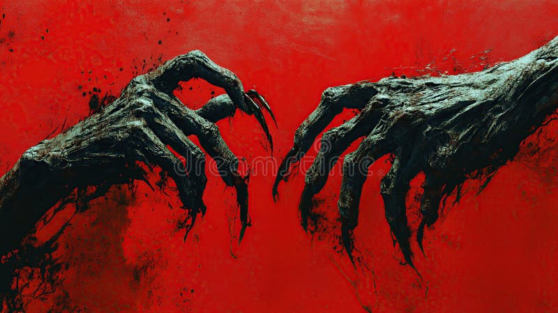 Two Skeletal Hands Reaching, Claws Extended, Against a Red, Textured ...
