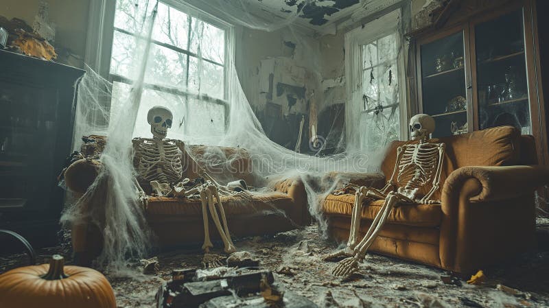 Two Skeletons Sitting on Old Sofas in a Dilapidated Room, Draped with ...