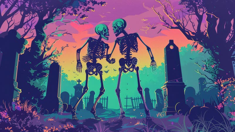 Two Skeletons Walking in a Graveyard at Sunset Stock Illustration ...