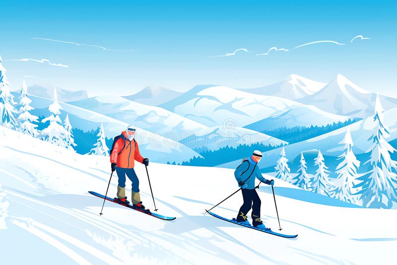 Two Skiers Go Down a Snowy Slope. Stock Illustration - Illustration of ...