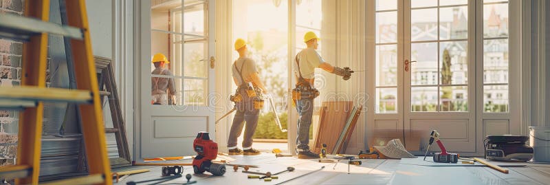 Two Skilled Construction Workers Carefully Fitting a New Door ...