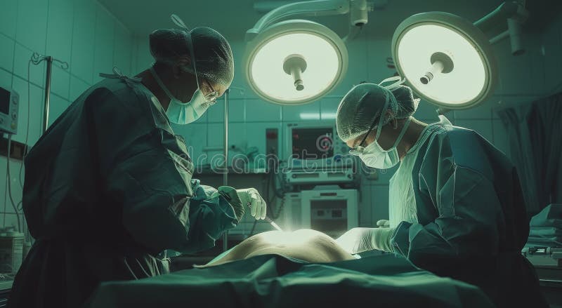 Surgeons Performing a Complex Operation in a Well-lit Operating Room ...