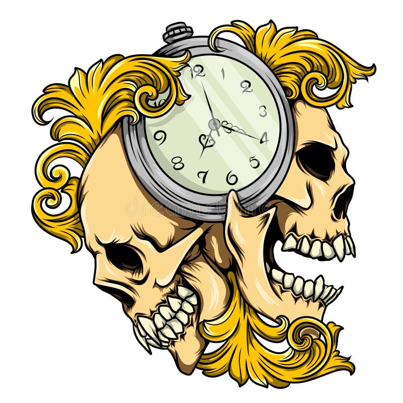 Two Skull and Clock with Baroque Style Decorations Stock Vector ...