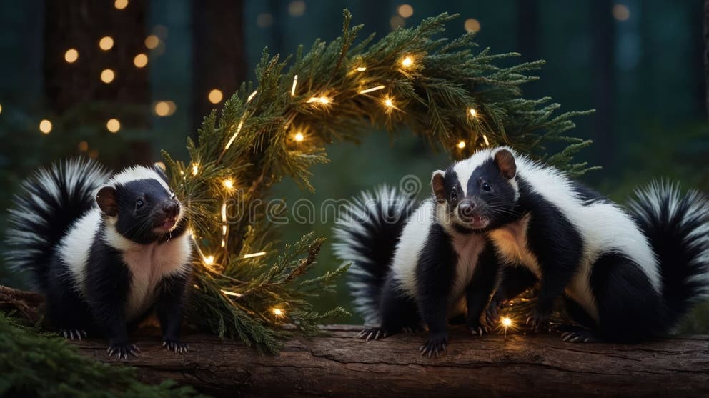 Adorable Skunks Posing with Christmas Lights in the Forest Stock ...
