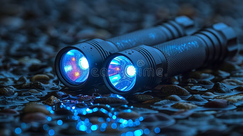 Two Sleek Flashlights Emitting Bright Blue Light Placed on a Rocky ...