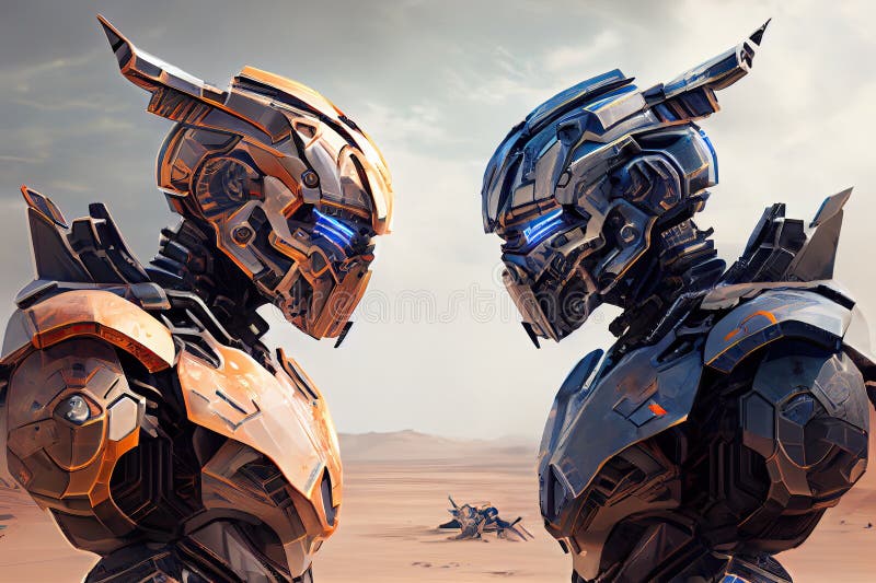 Two Sleek and Futuristic Robots Face Off, Ready for Epic Battle in the ... Two Sleek and Futuristic Robots Face Off, Ready for Epic Battle in the ...