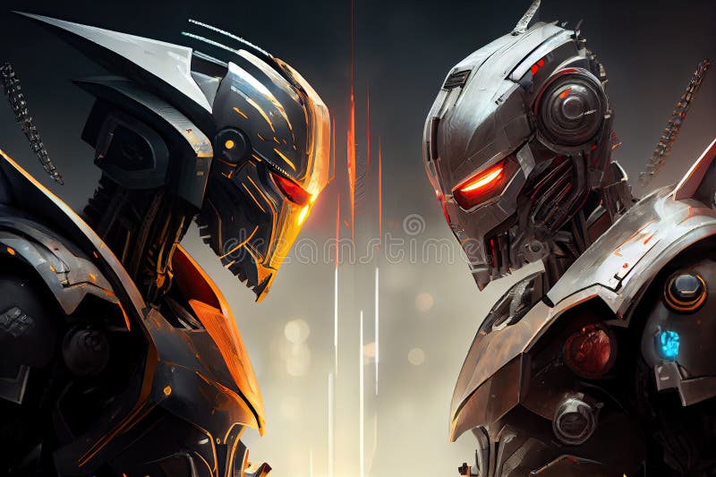 Two Sleek and Futuristic Robots Face Off, Ready for Epic Battle in the ... Two Sleek and Futuristic Robots Face Off, Ready for Epic Battle in the ...