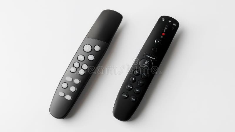 Two Sleek Modern Remote Controls with Buttons on White Background Stock ...