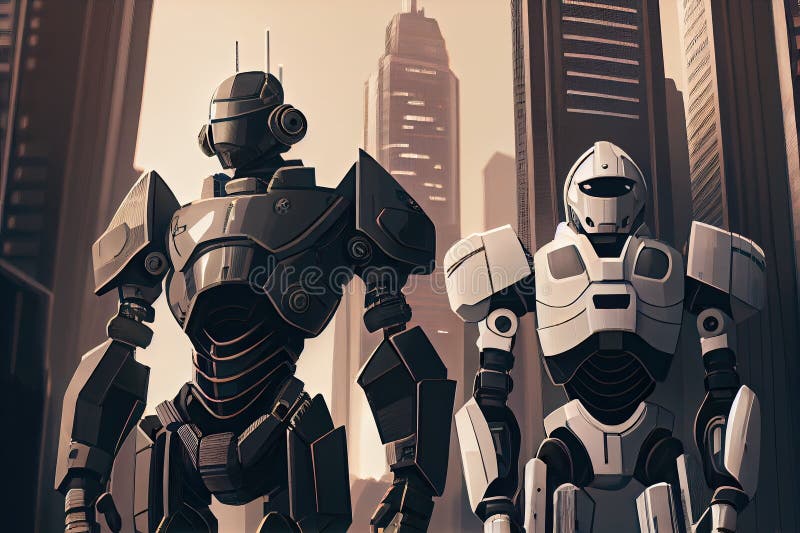 Two Sleek and Modern Robots Standing in a Futuristic City, Surrounded ... Two Sleek and Modern Robots Standing in a Futuristic City, Surrounded ...