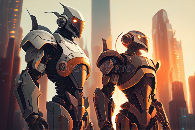 Two Sleek and Modern Robots Standing in a Futuristic City, Surrounded ... Two Sleek and Modern Robots Standing in a Futuristic City, Surrounded ...