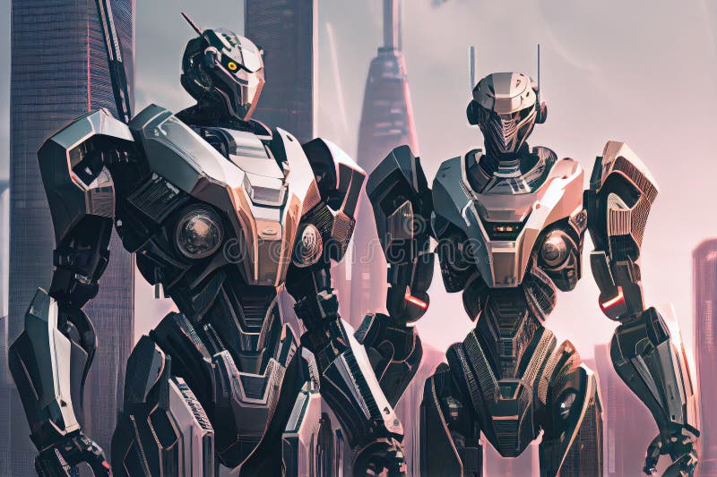 Two Sleek and Modern Robots Standing in a Futuristic City, Surrounded ... Two Sleek and Modern Robots Standing in a Futuristic City, Surrounded ...