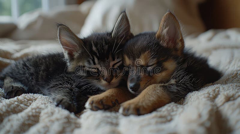 Two Sleepy Kittens and Puppy Cuddling on Bed Stock Photo - Image of ...