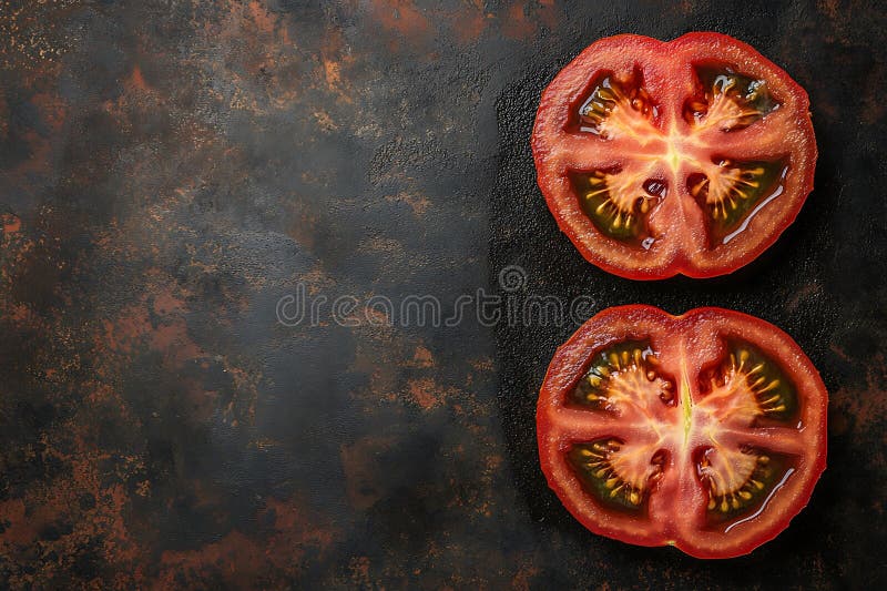 Two Sliced Red Tomatoes on a Rustic Textured Dark Background Stock ...