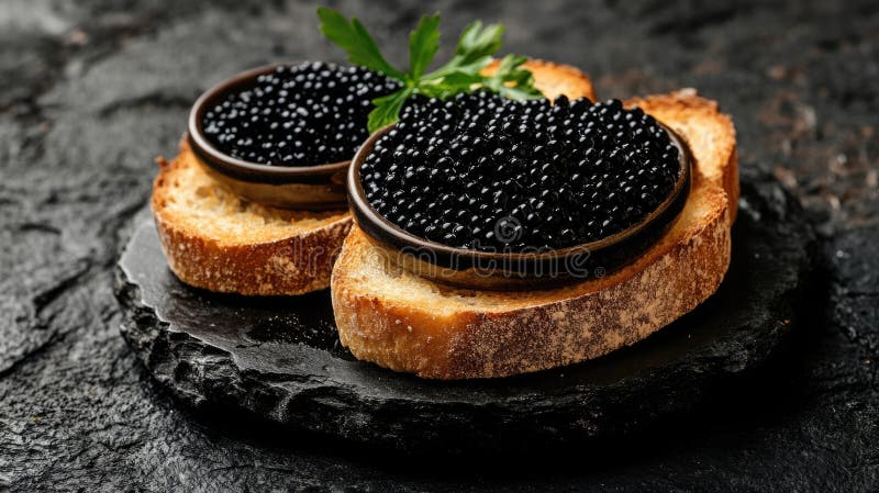 Two Slices of Bread with Black Caviar on Top Stock Image - Image of ...