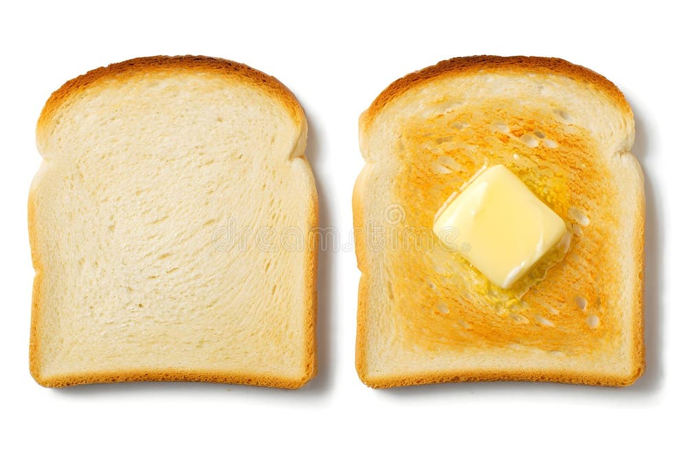 Two Slices of Bread with Butter on One Side Each Alongside One Slice of ...