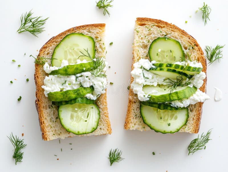 Two Slices of Bread with Cucumbers and Cheese on Top Stock Photo ...