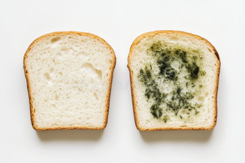 Two Slices of Bread, the Inside of One Slice of Bread Showing Greenish ...