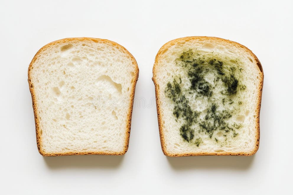 Two Slices of Bread, the Inside of One Slice of Bread Showing Greenish ...