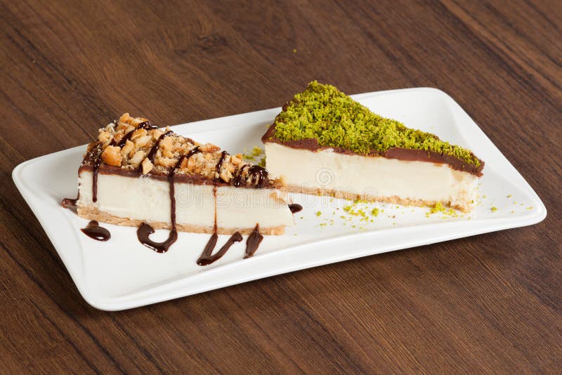 Two Slices of Cheesecake with Pistachio and Chocolate on a White Plate ...