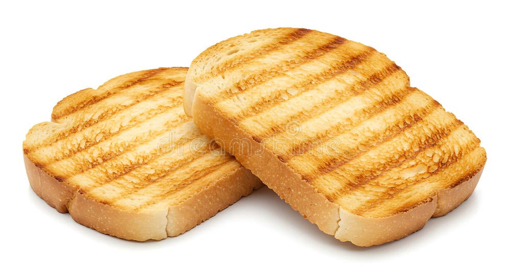 Two Slices of Golden Brown Toasted Bread with Grill Marks on a White ...