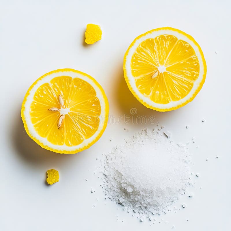 Two Slices of Lemon Next To a Pile of Salt on a White Surface Stock ...