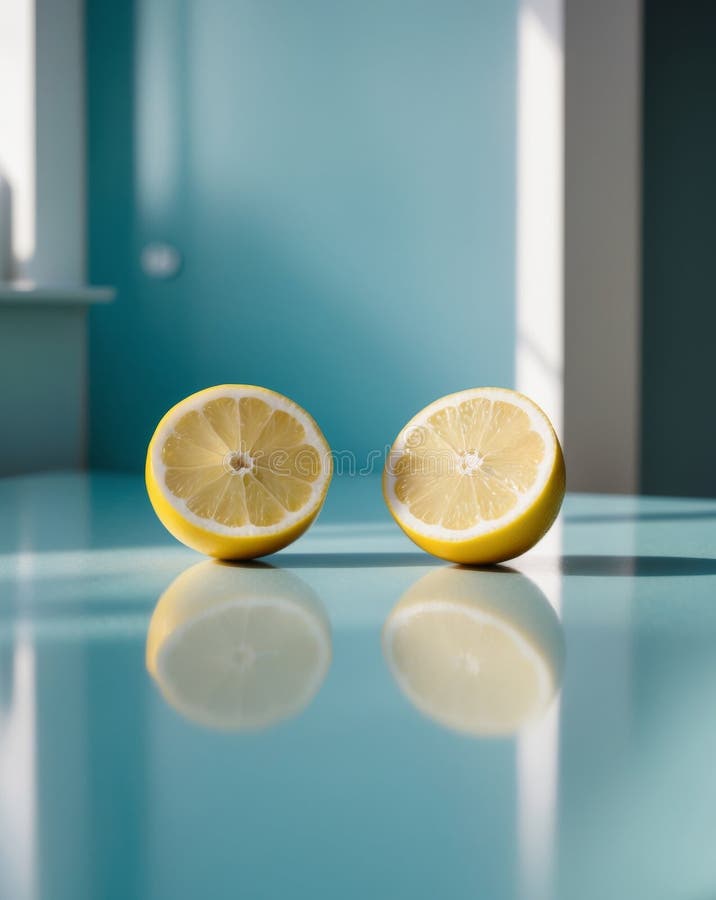 Two Slices of Lemon on Separate Spots of a Blue Counter Top. Stock ...