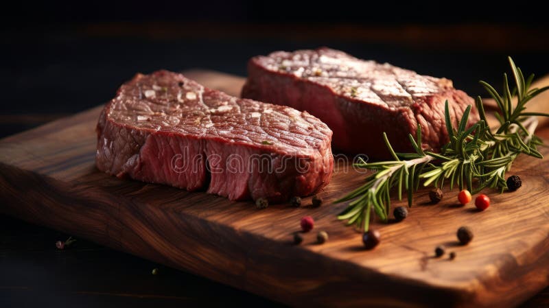 Two Slices of Medium Rare Beef Served with Rosemary on Wooden Board ...