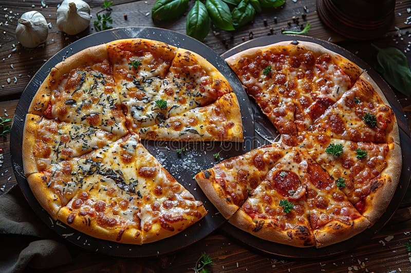 Two Slices of Pizza Sitting on Black Tables. Generative AI Stock Photo ...