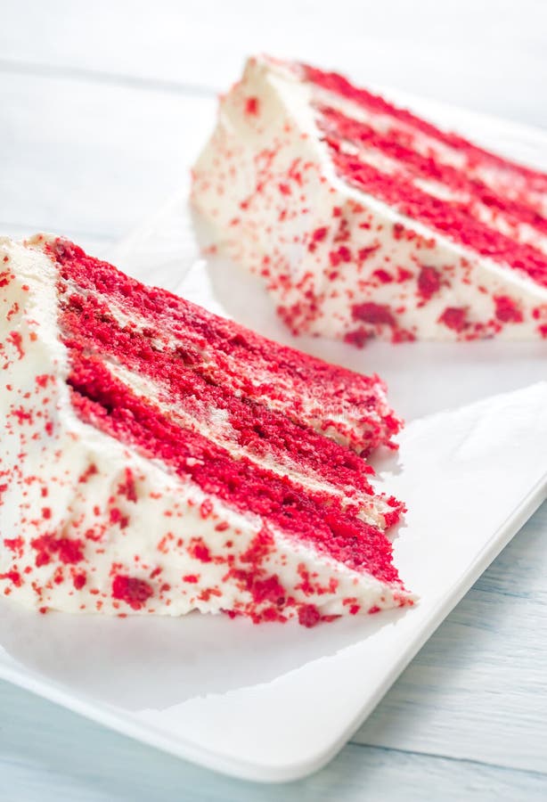 Two Slices of Red Velvet Cake on the White Plate Stock Image - Image of ...