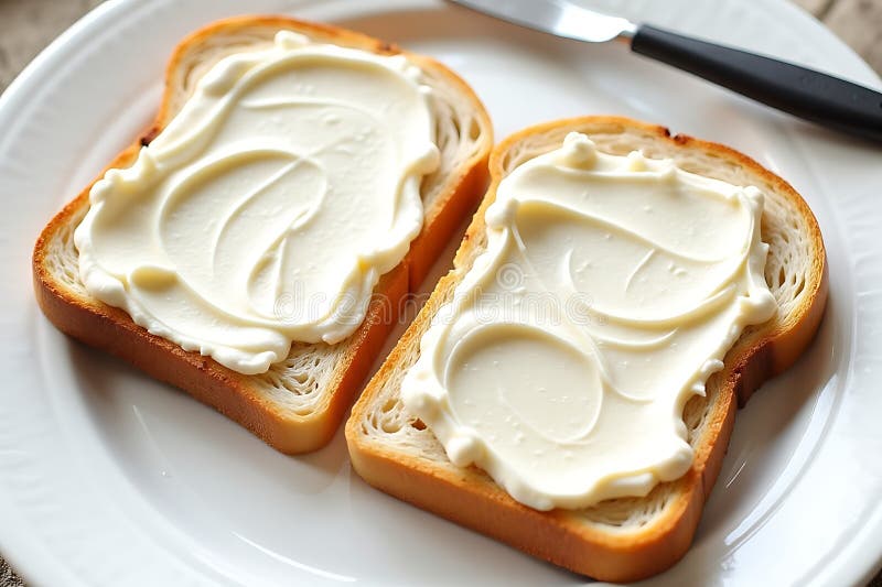 Two Slices of Toast with Butter on Them Stock Photo - Image of table ...