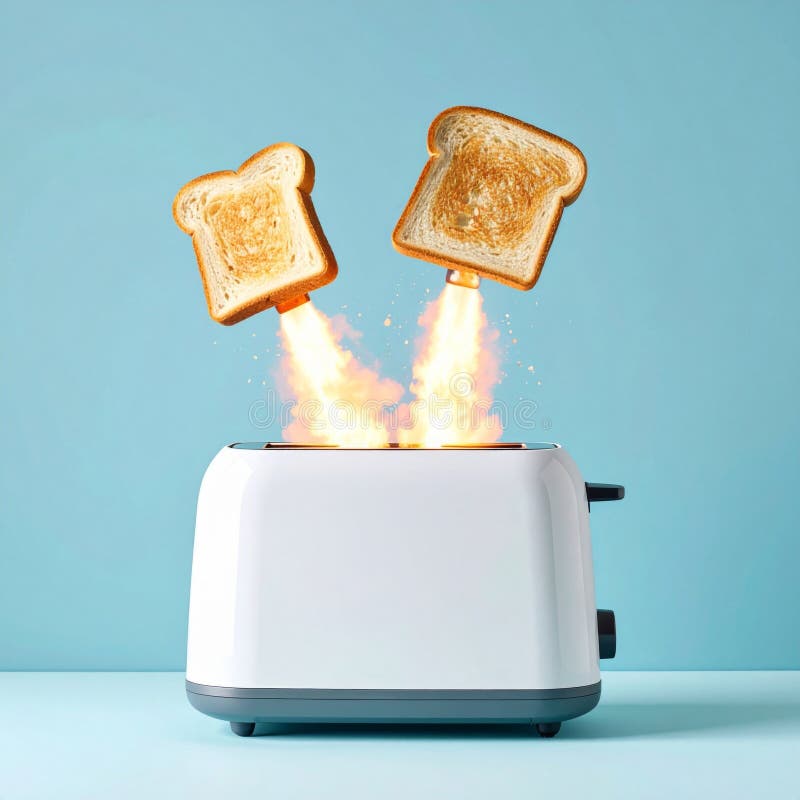 Two Slices of Toast Launching from White Toaster Against a Blue ...